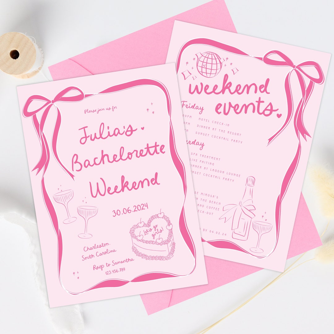 Pink Bachelorette Weekend Invitation, Hens Weekend Wavy Invite Pretty ...