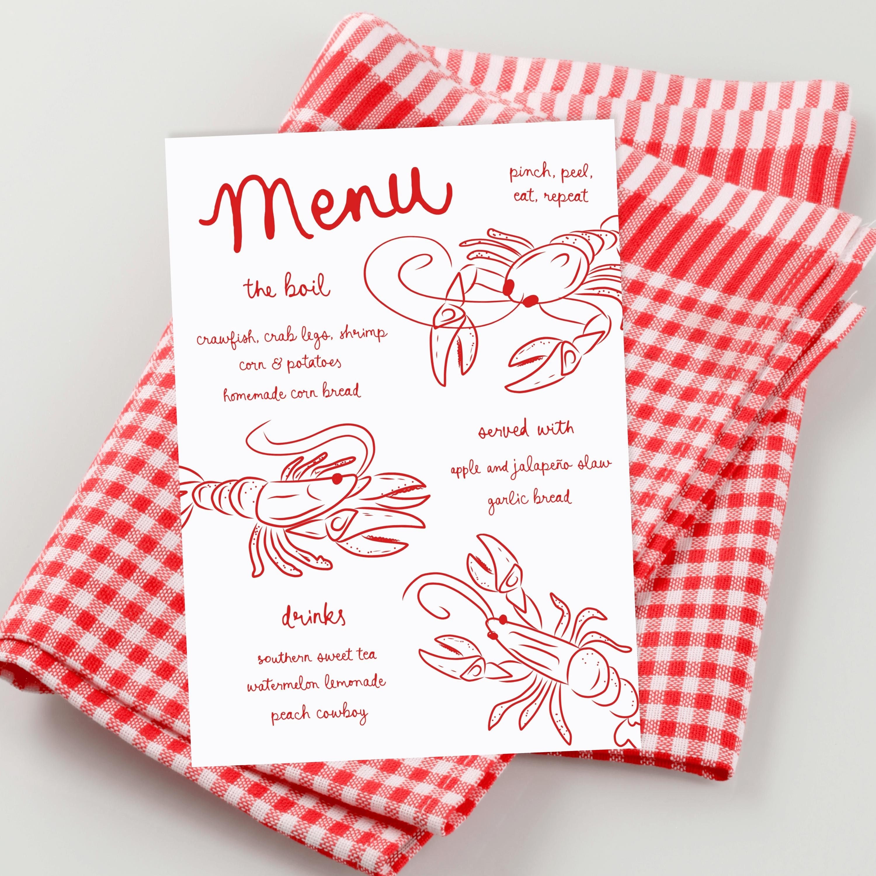 Whimsical Crawfish Boil Menu Template Printable, Hand Drawn Line Art ...