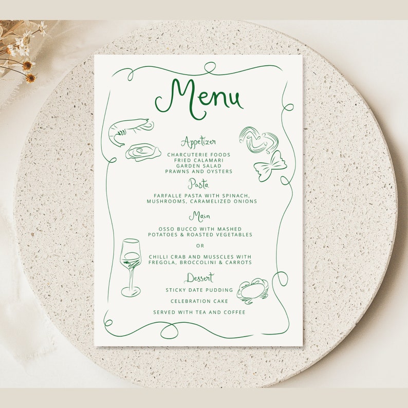 Whimsical Wedding Menu Template Printable, Hand Drawn Line Art ...