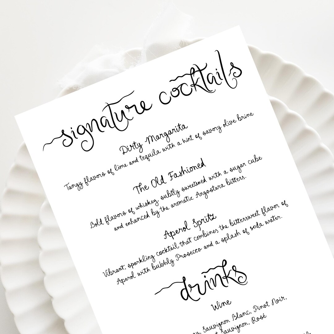 Drinks Menu Template Printable, Hand Drawn Line Art Illustrated Wedding ...