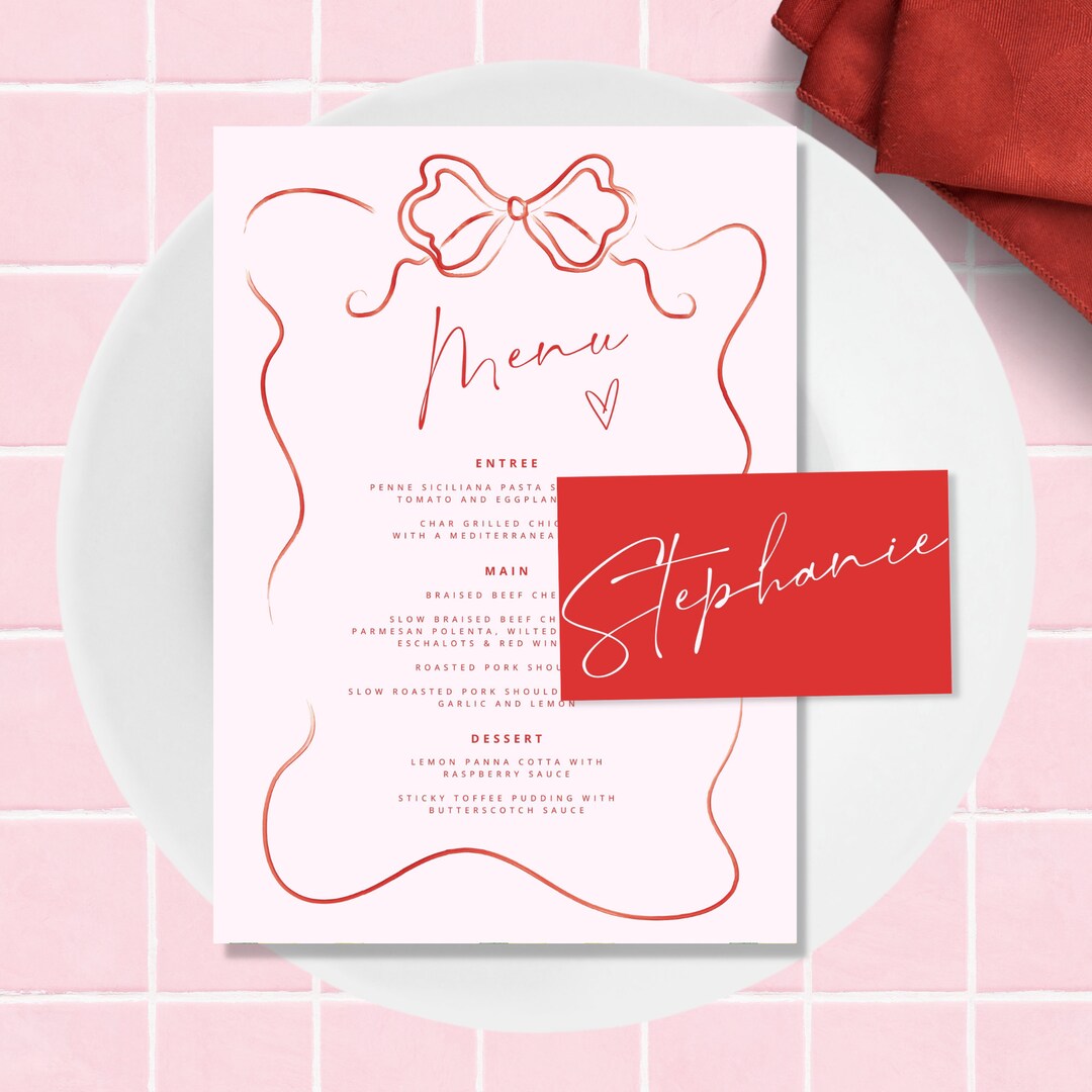 Pink Bridal Shower Menu Placecard Bundle, Red Pink Bridal Shower Menu ...