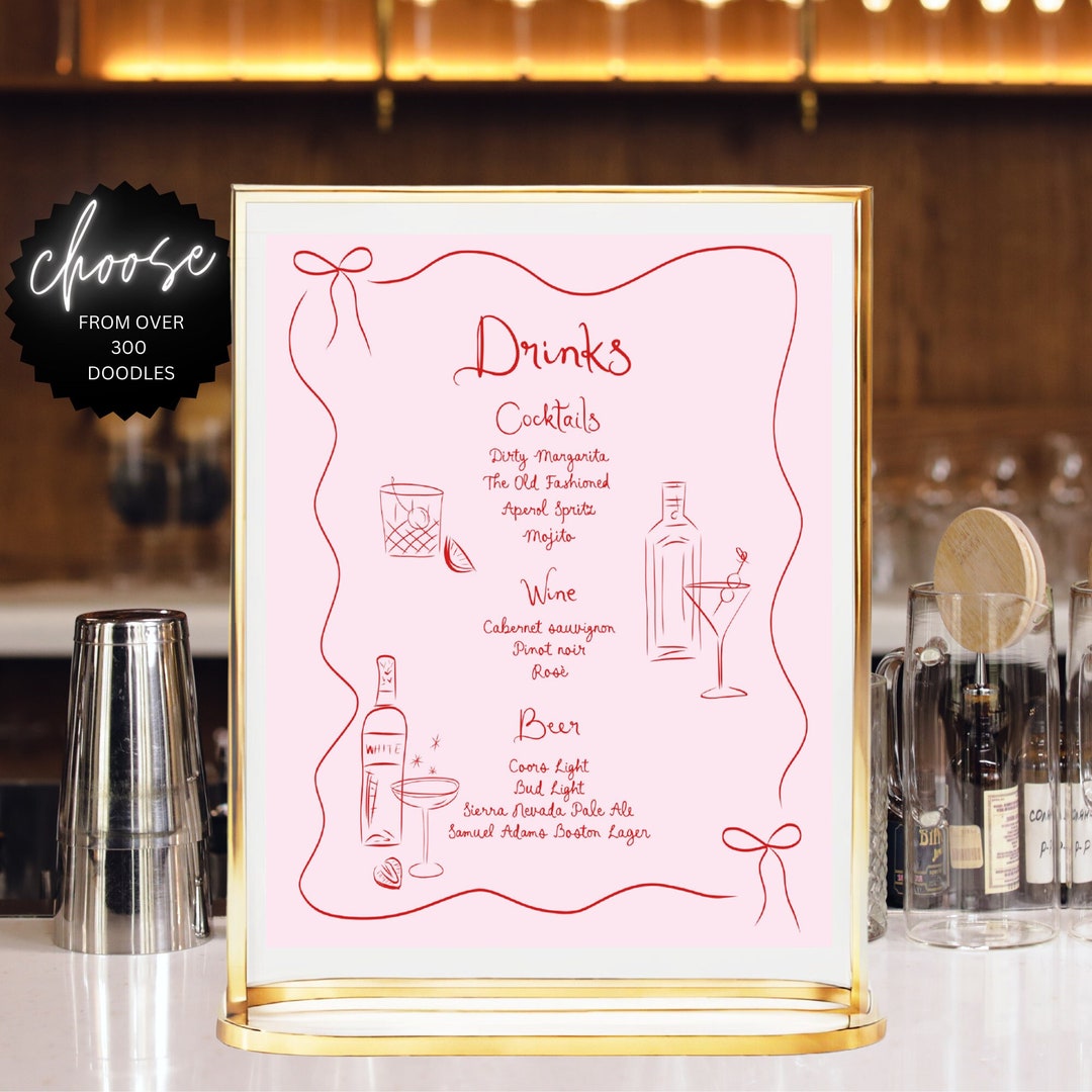 Pink Drink Bar Menu Template Printable, Hand Drawn Line Art Illustrated ...