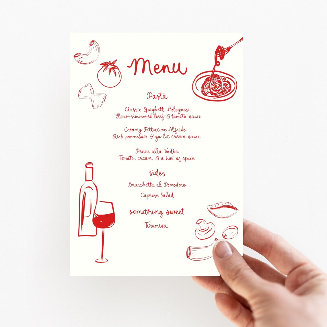 Red Italian Inspired Menu Template Printable, Hand Drawn Illustrated ...