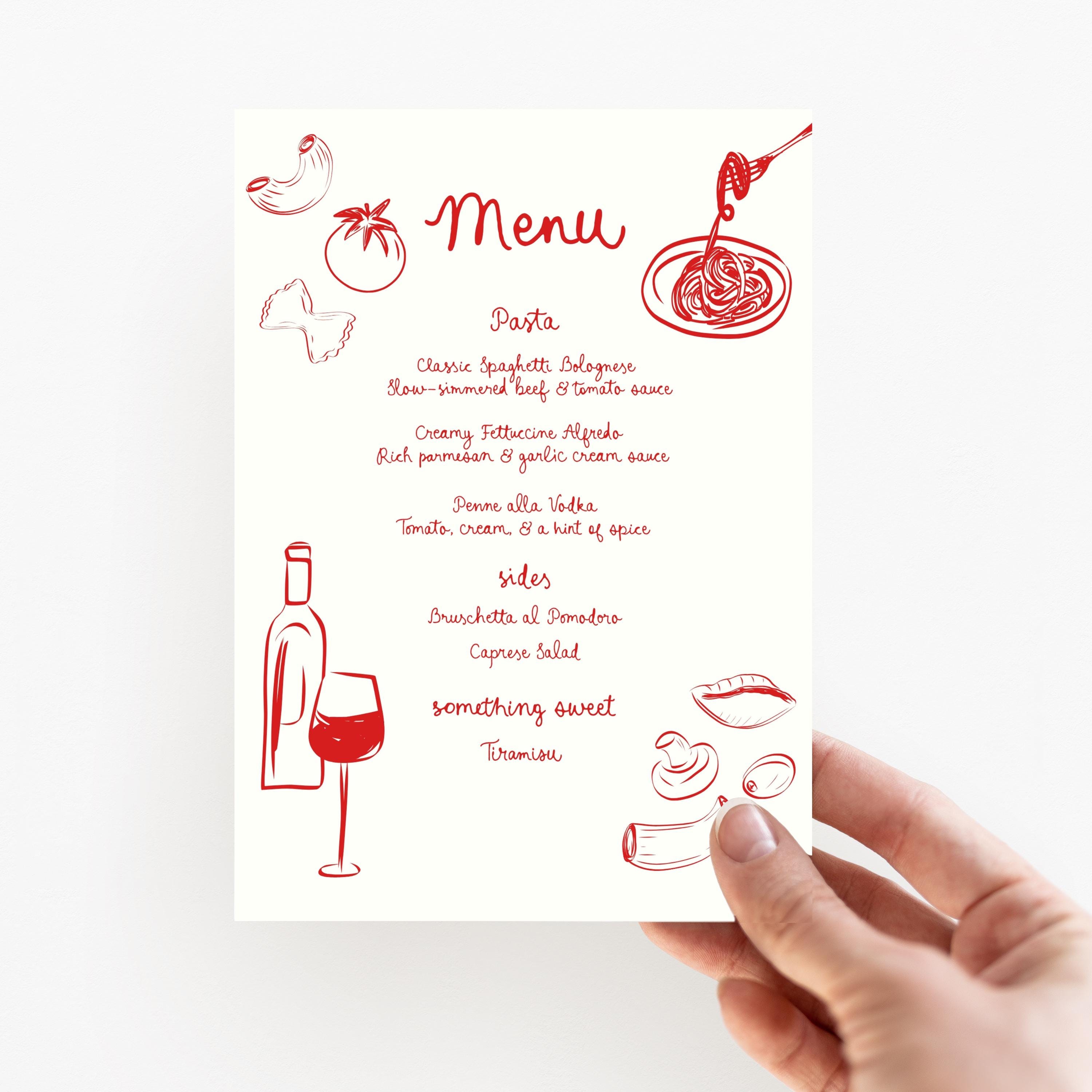Red Italian Inspired Menu Template Printable, Hand Drawn Illustrated ...