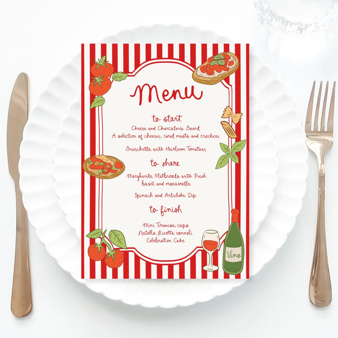 Red Italian Inspired Menu Template Printable, Hand Drawn Line Art Vino ...