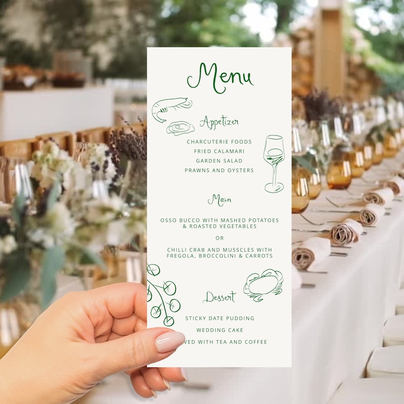 Whimsical Wedding Menu Template Printable, Hand Drawn Line Art ...