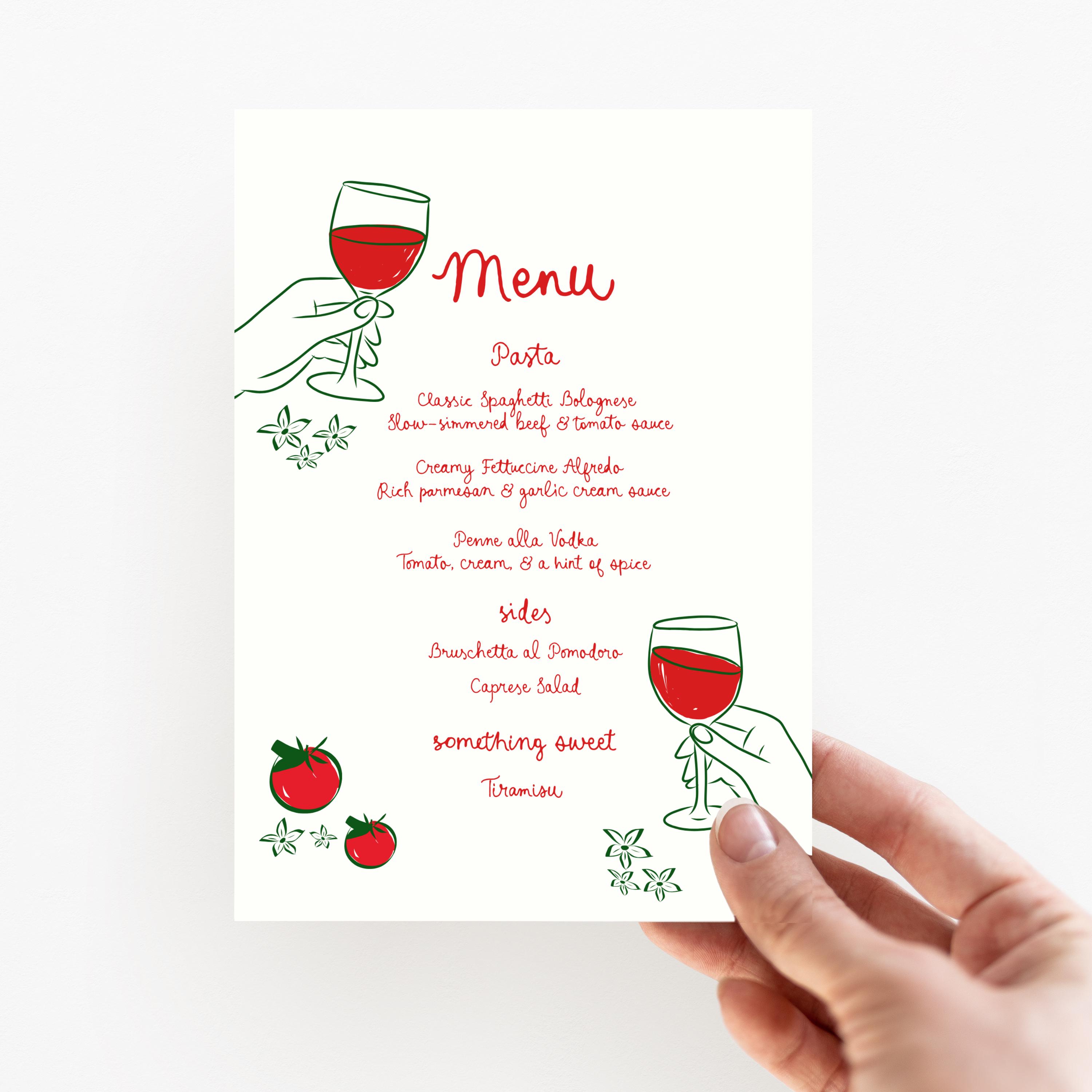 Italian Themed Menu Template, Editable Pasta Party Dinner Menu, Italian ...
