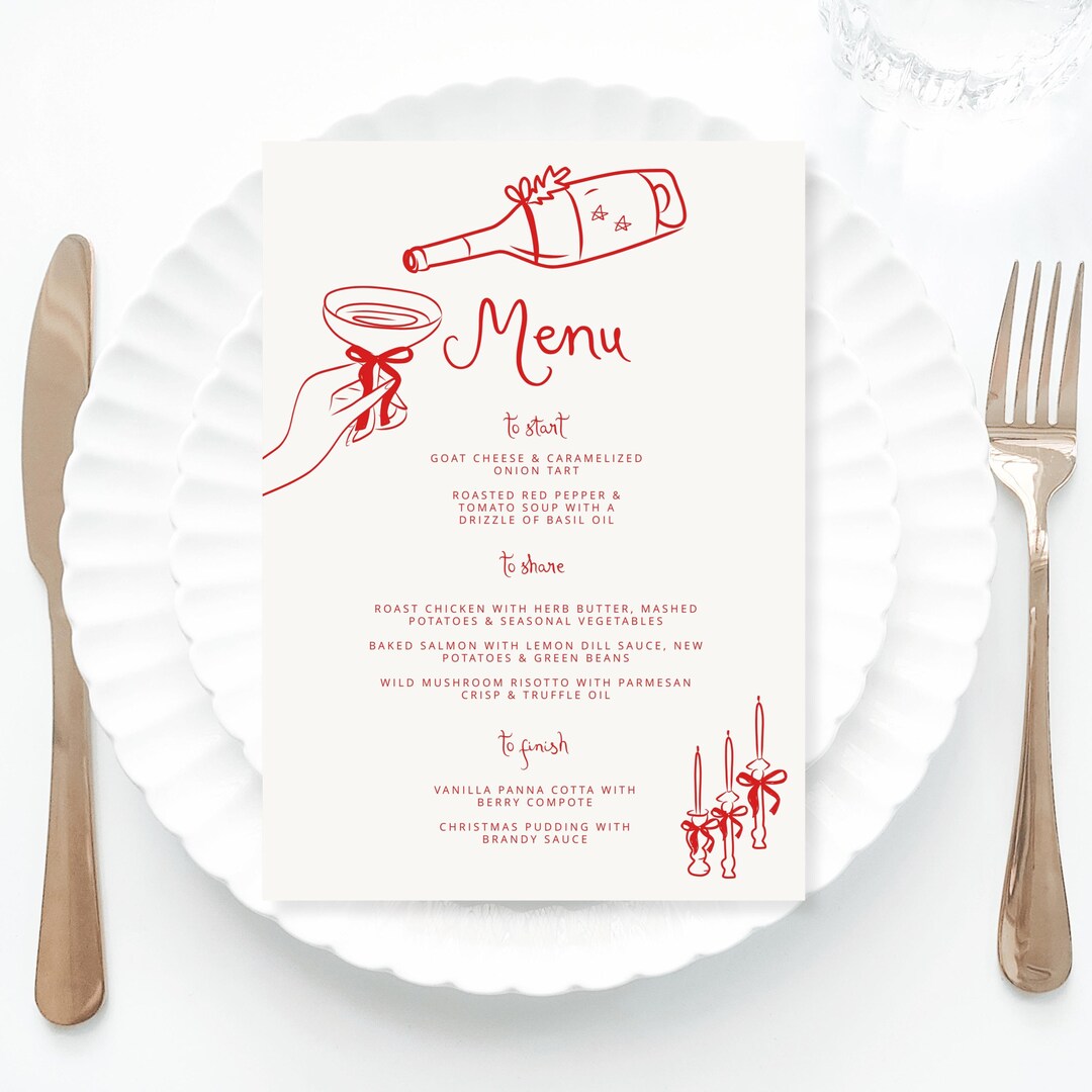 Christmas Menu Template Printable, Hand Drawn Line Art Christmas Food ...