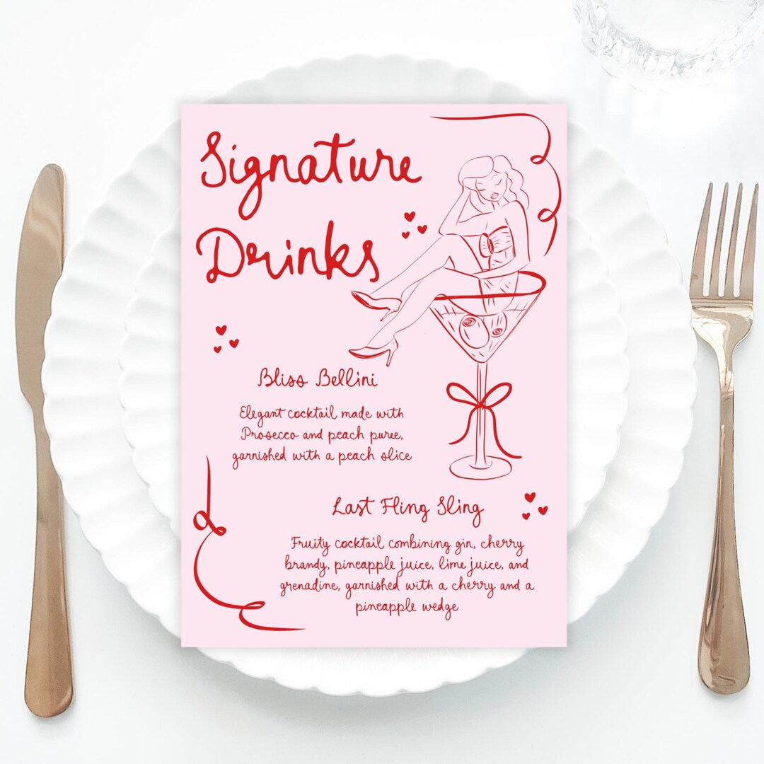 Pink Bachelorette Party Signature Drink Handwritten Bachelorette Bar ...