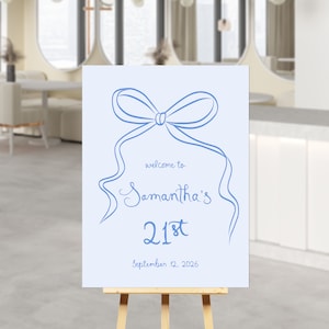21st Welcome Sign Blue, Blue Birthday Sign for Girl, Editable Blue Bow ...