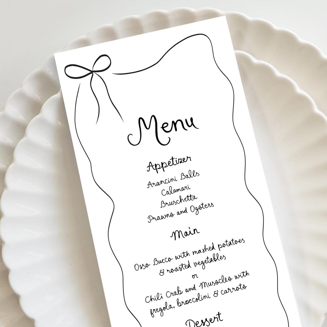 Wedding Menu Template Printable, Hand Drawn Line Art Illustrated ...