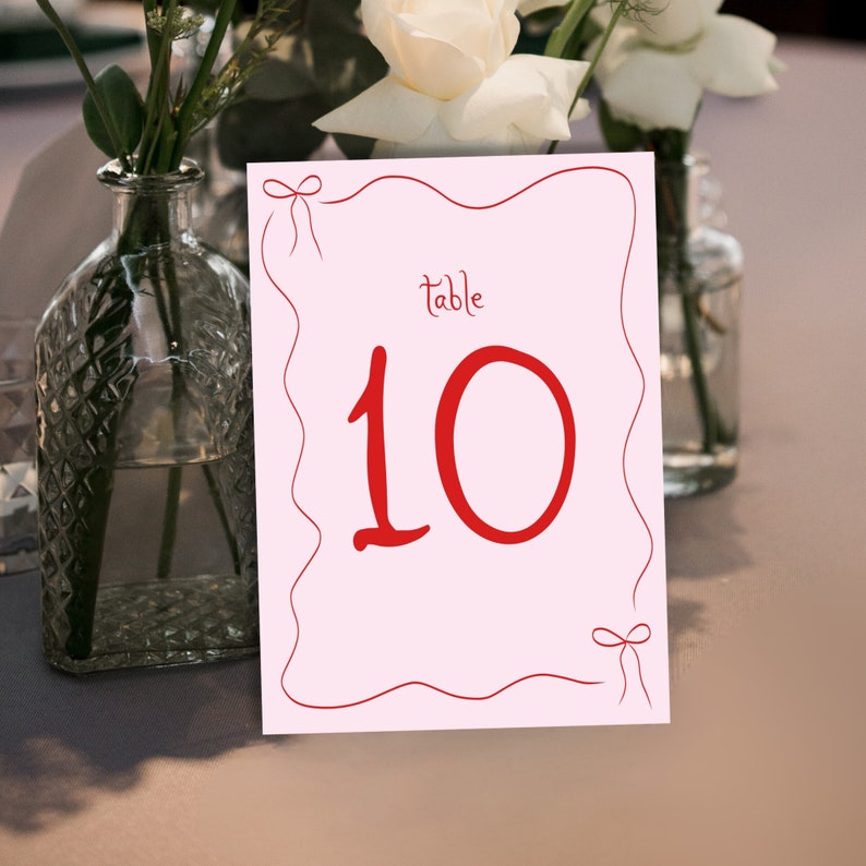Hand Drawn Table Number Template, Printable Red Table Numbers, Pink ...