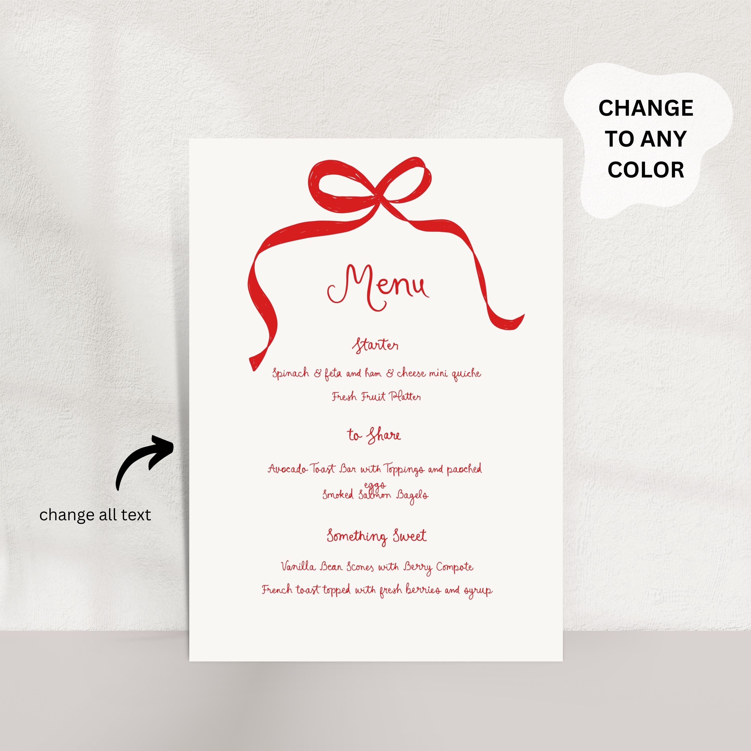 Bow Bridal Shower Menu Template Printable, Red Bridal Shower Party Food ...