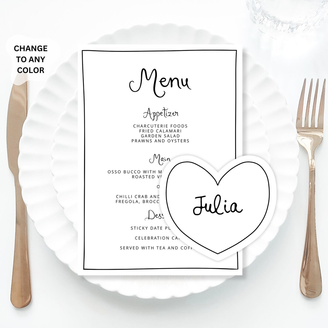 Heart Place Cards and Menu Template, Whimsical Placecard Heart Place ...