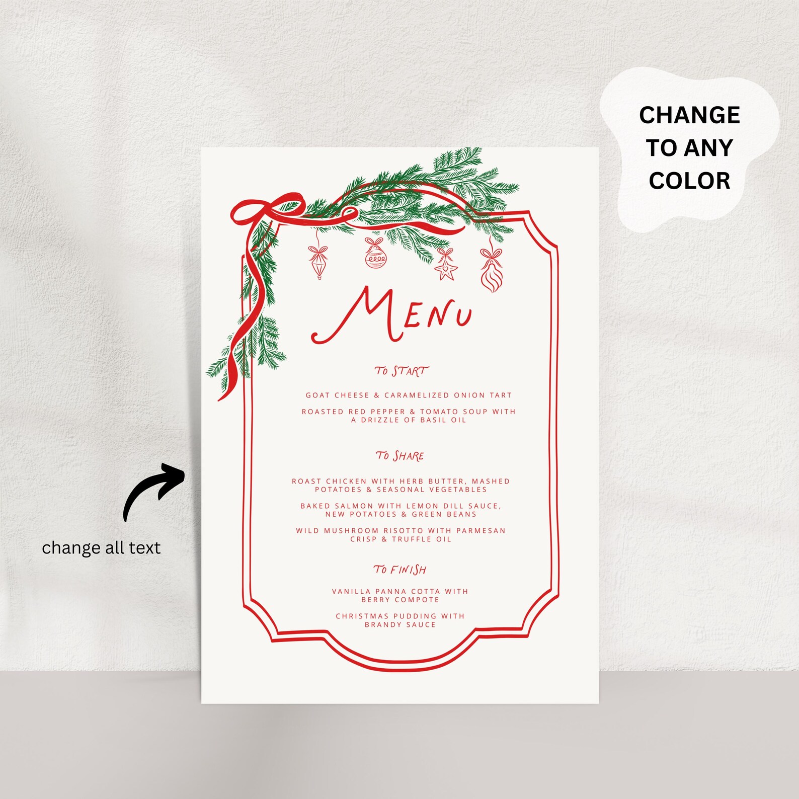 Red Christmas Menu Template Printable, Hand Drawn Line Art Christmas ...