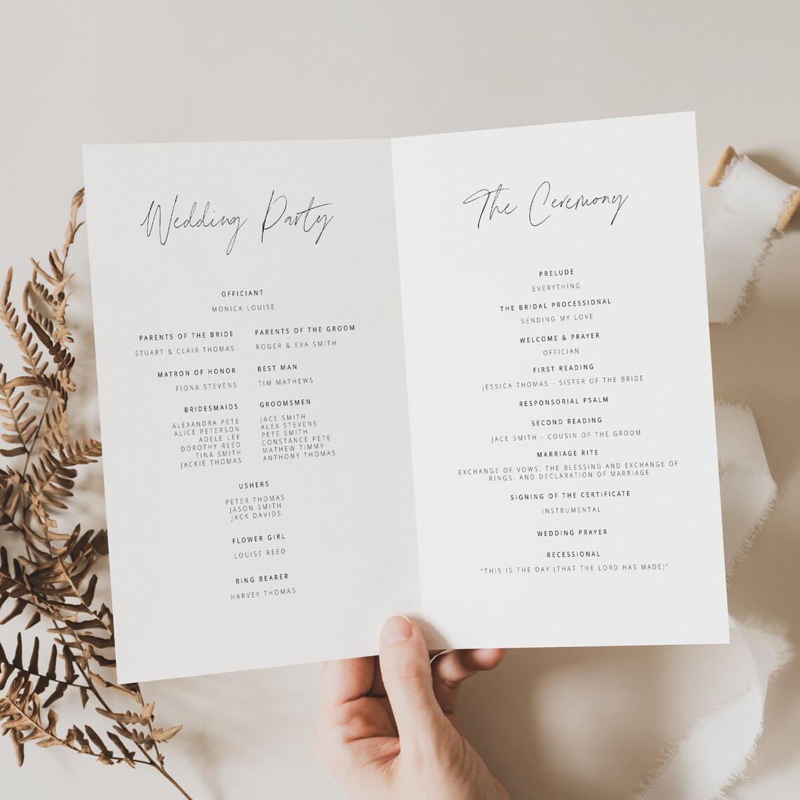 Church Program Wedding, Folded Minimalist Wedding Program Template ...