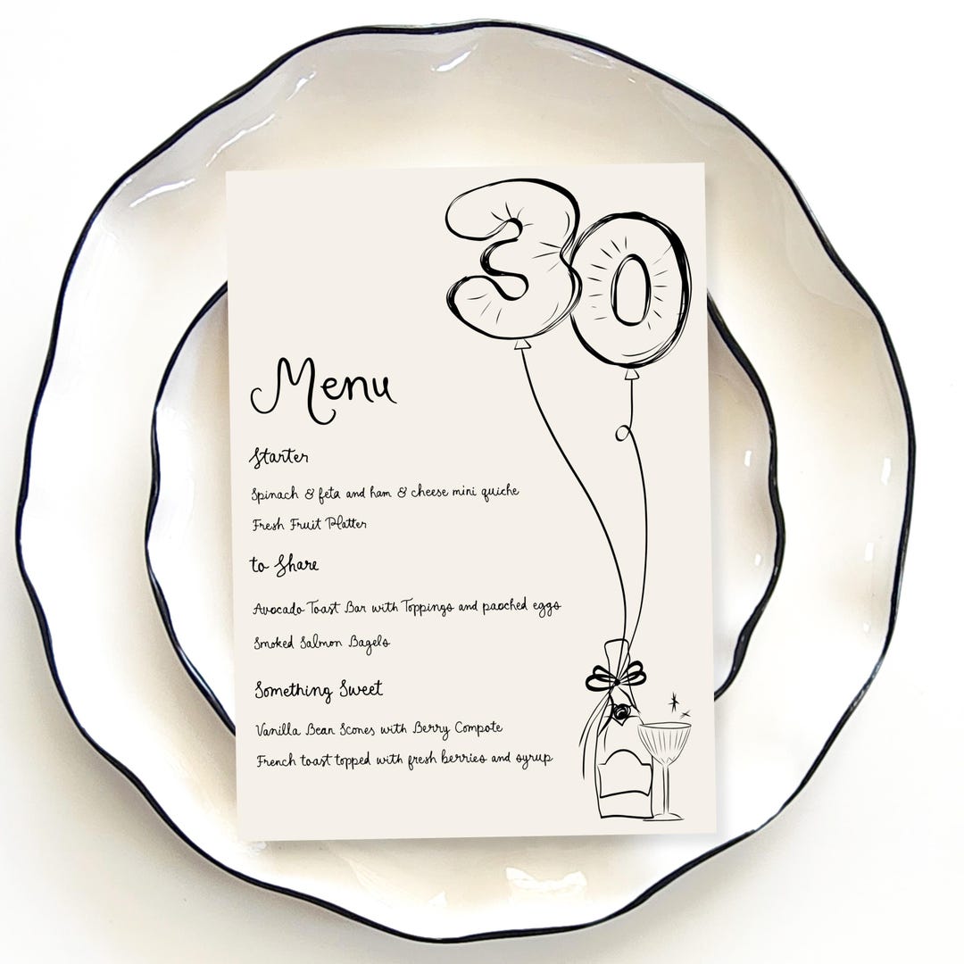 30th Birthday Menu Template Printable, Hand Drawn Dinner Menu for 30th ...