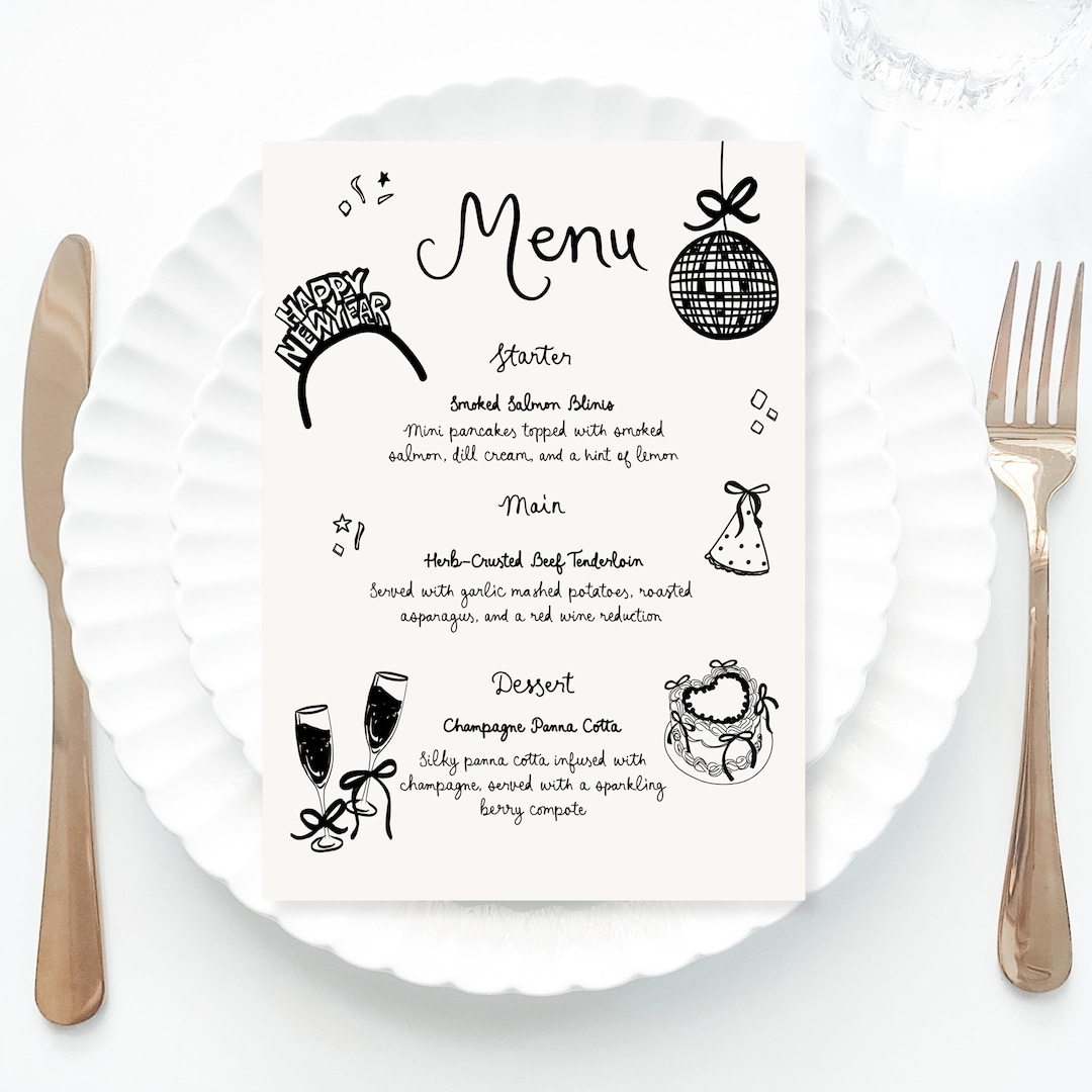 NYE Menu Template, Editable New Year’s Eve Girls Night Menu, NYE ...