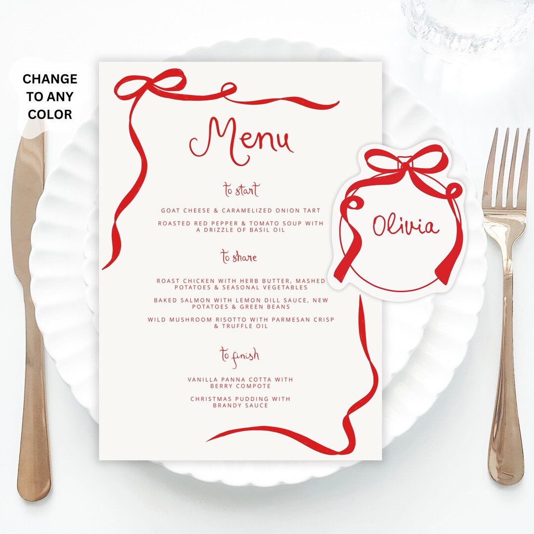 Red Bauble Place Cards and Menu Template, Whimsical Placecard Red Place ...