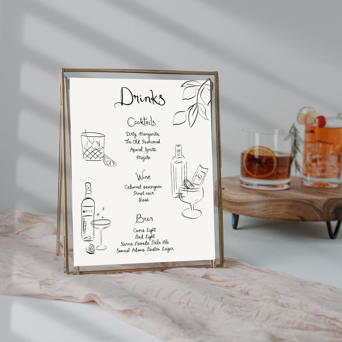 Drink Bar Menu Template Printable, Hand Drawn Line Art Illustrated Bar ...