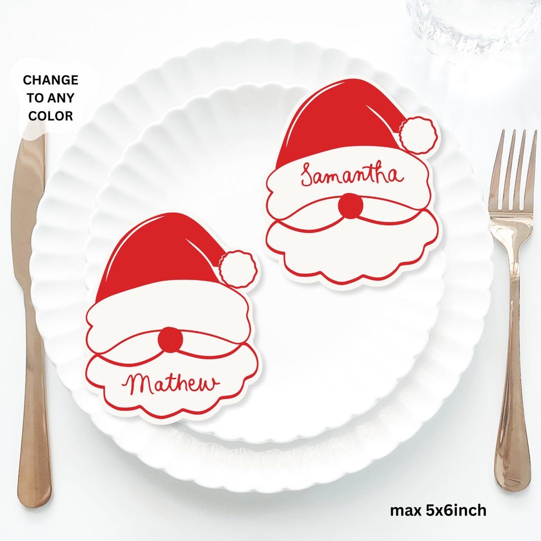 Christmas Santa With Hat Red Place Cards Template, Christmas Whimsical ...