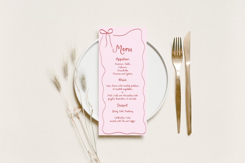 Pink Wedding Menu Template Printable, Hand Drawn Line Art Illustrated ...