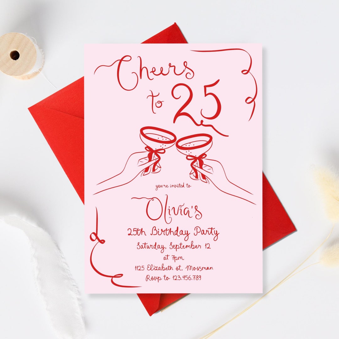 25th Birthday Invitation, Whimsical Twenty Five Birthday Invite, Red ...