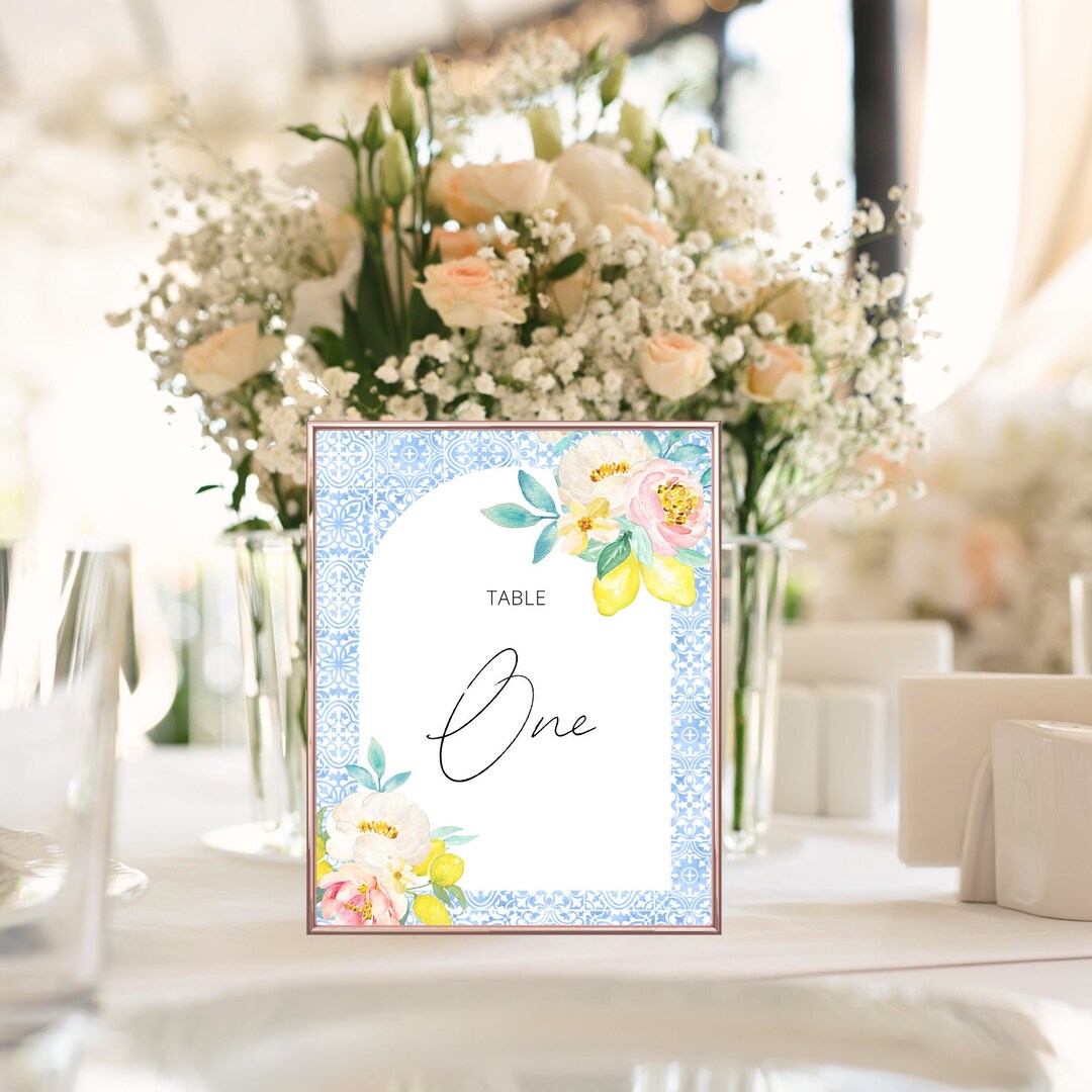 Blue Tiles Lemon Table Number Template, Italy Wedding Table Number Sign ...