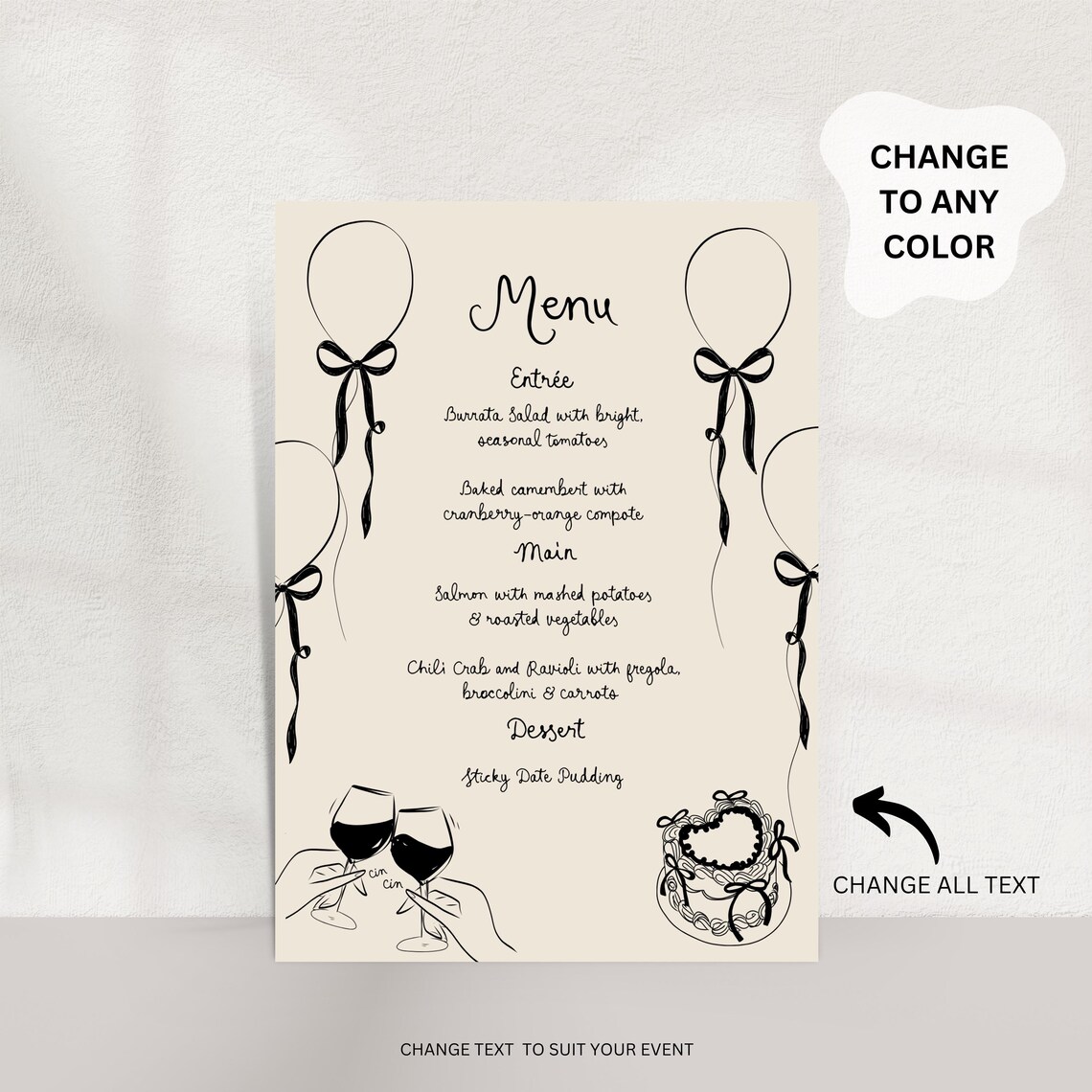 Balloon Birthday Dinner Menu Template Printable, Hand Drawn Line Art ...