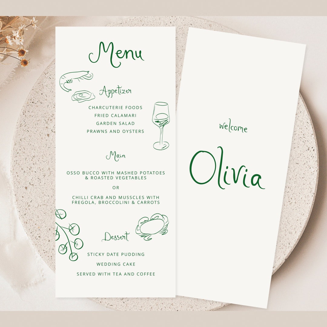 Whimsical Wedding Menu Template Printable, Hand Drawn Line Art ...