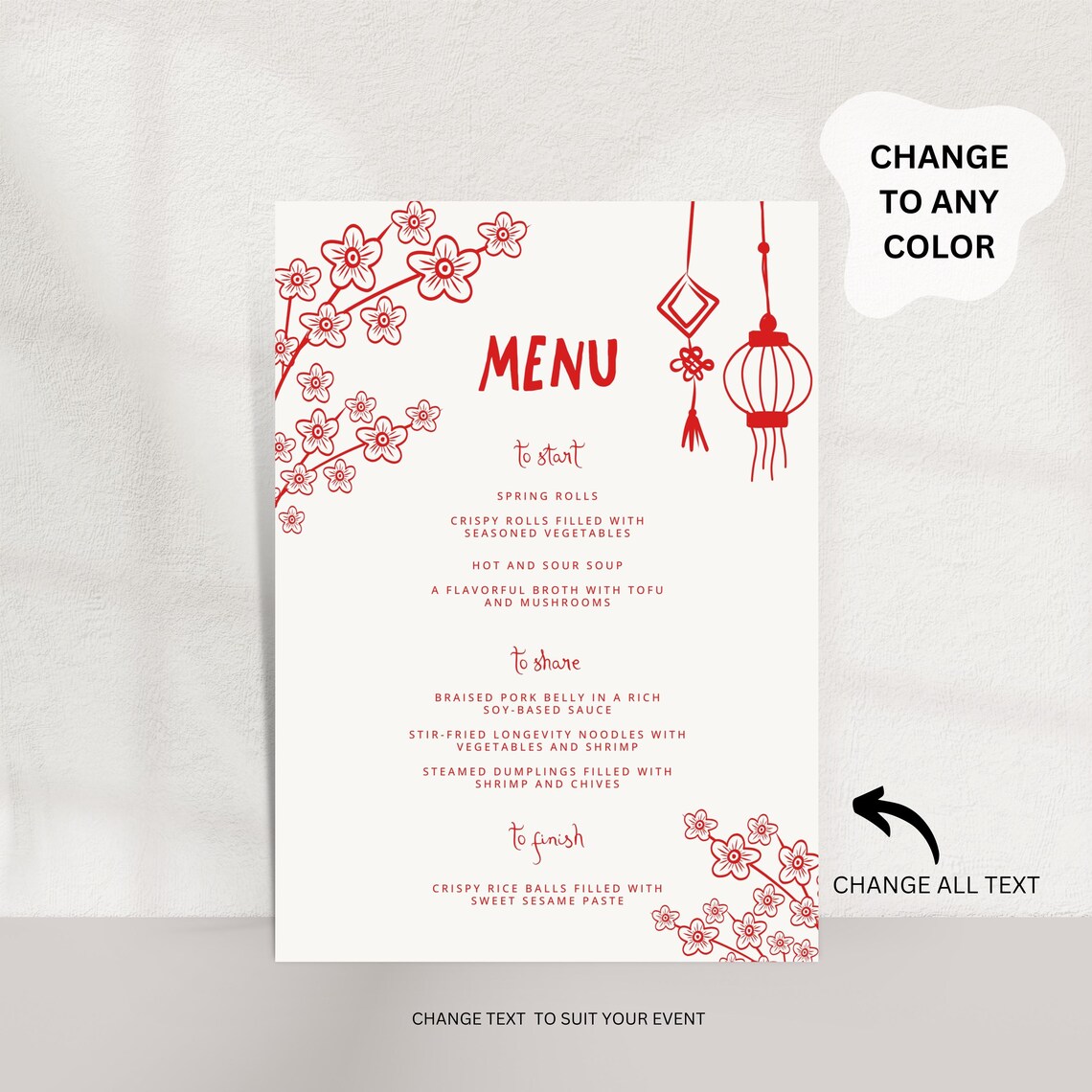 Chinese New Year Menu Template, Asian Themed Wedding Menu, Lunar New ...