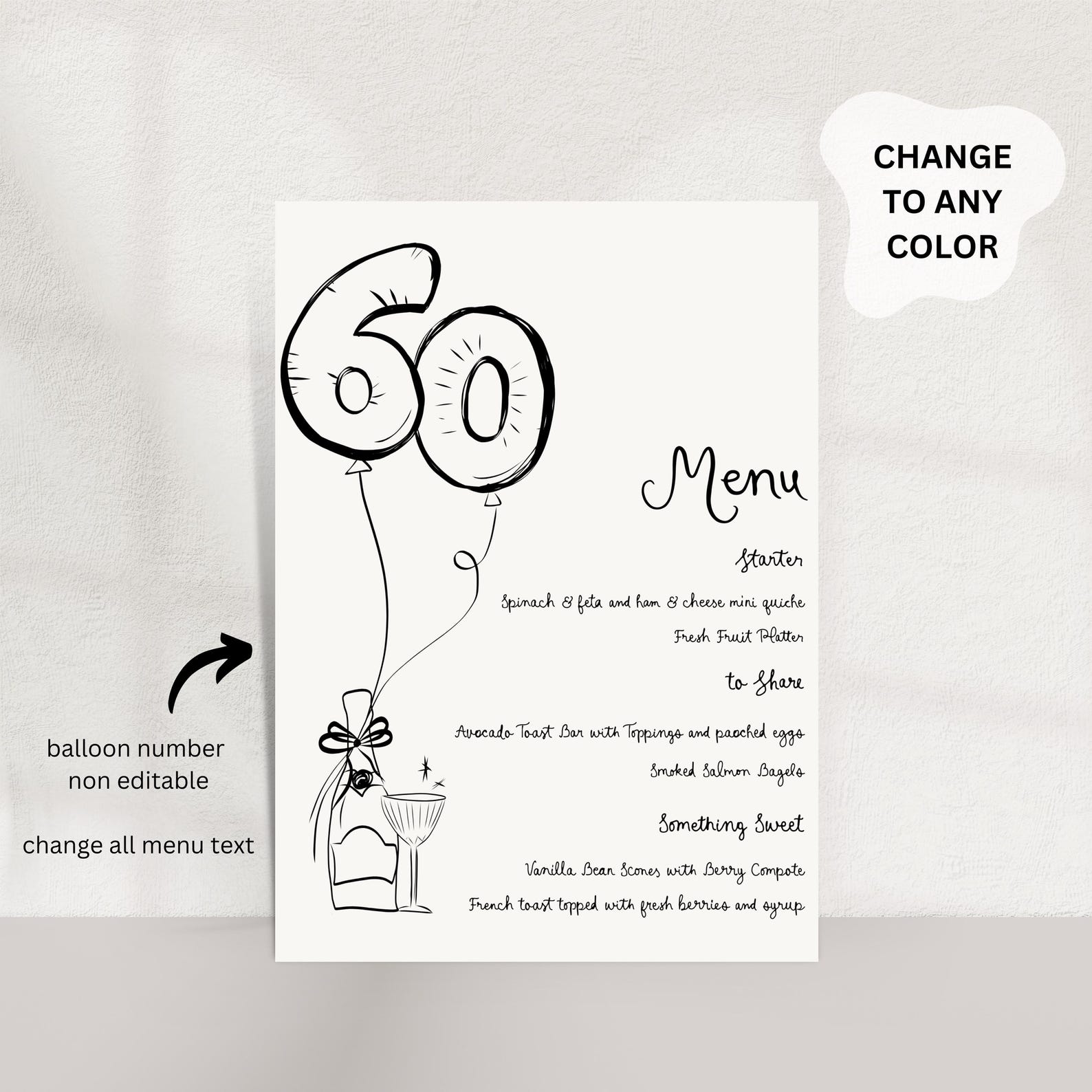 60th Birthday Menu Template Printable, Hand Drawn Dinner Menu for 60th ...