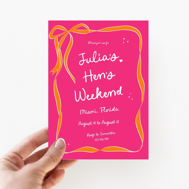 Pink Hens Weekend Wavy Invite Pretty Bow Orange Pink Bachelorette ...