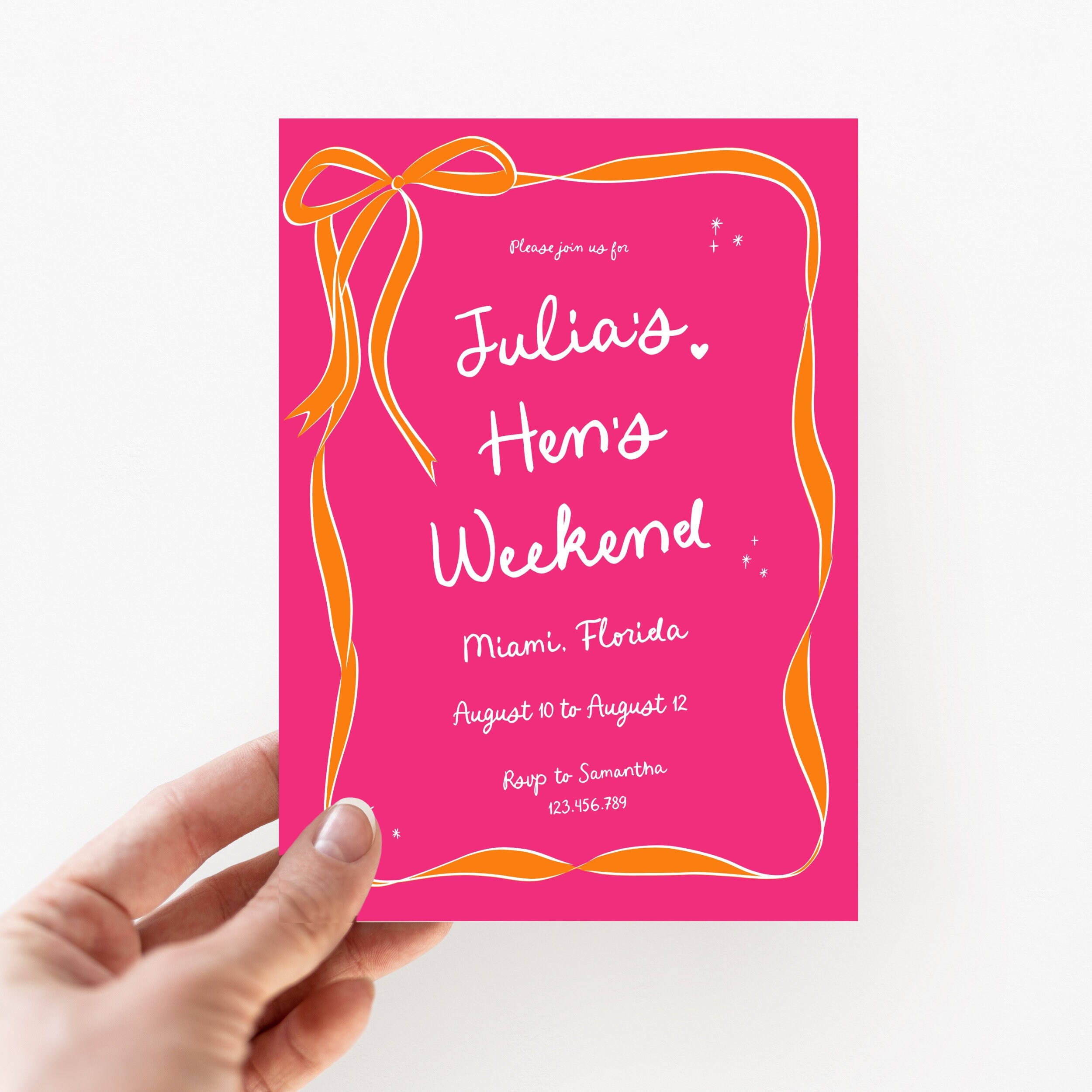 Pink Hens Weekend Wavy Invite Pretty Bow Orange Pink Bachelorette ...