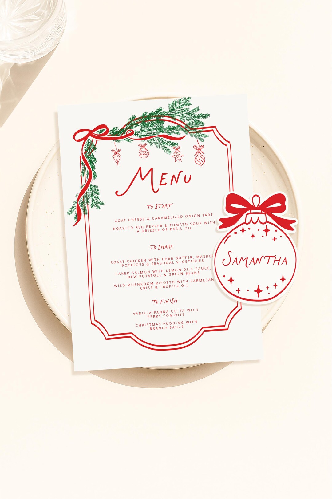 Red Bauble Place Cards and Menu Template, Whimsical Placecard Red Place ...
