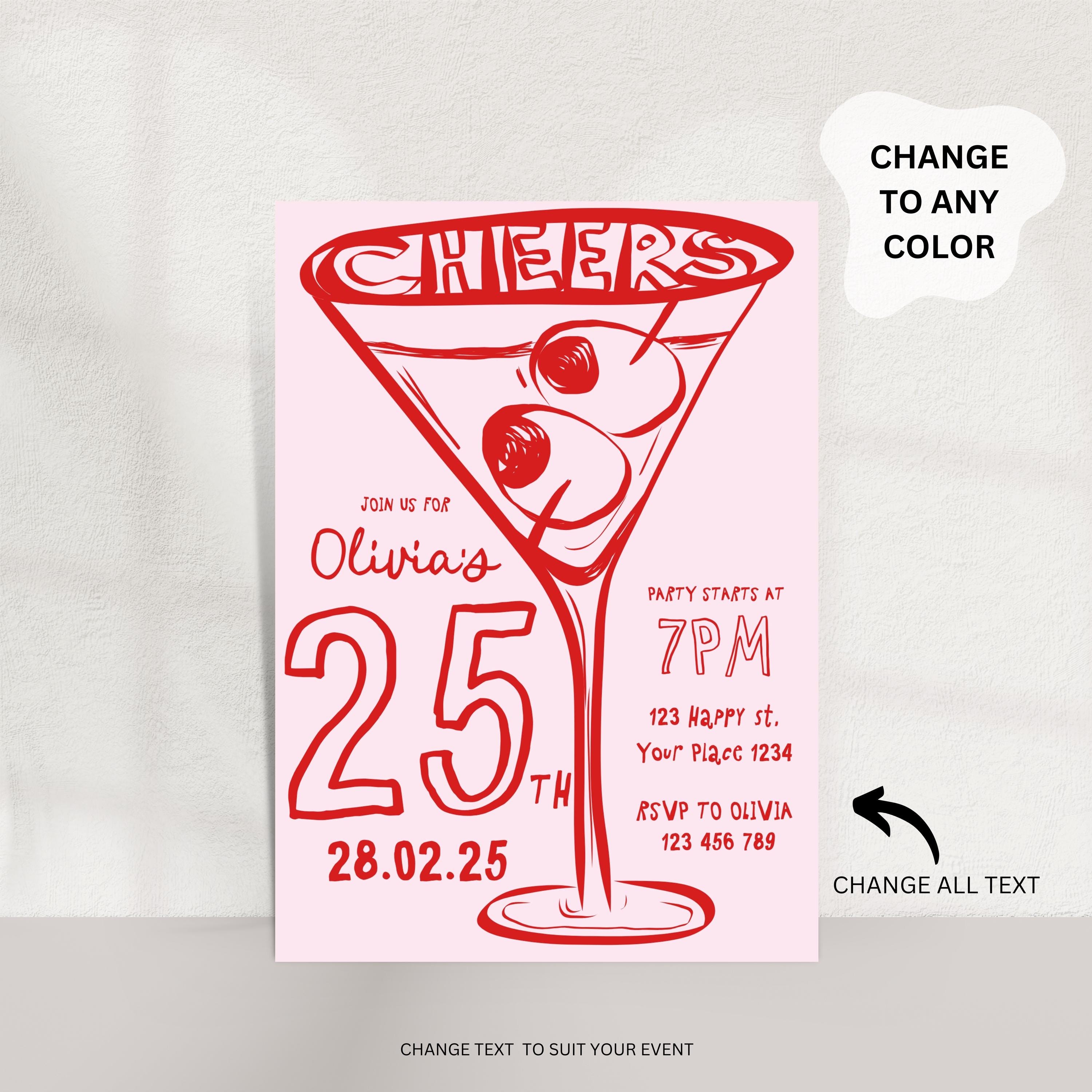 25th Birthday Invitation, Whimsical Twenty Five Birthday Invite, Red ...