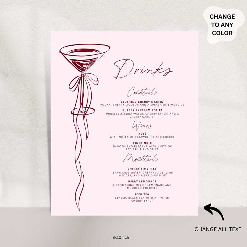 Pink Bow Drinks Menu Template Printable, Tying the Knot Bridal Bar Menu ...