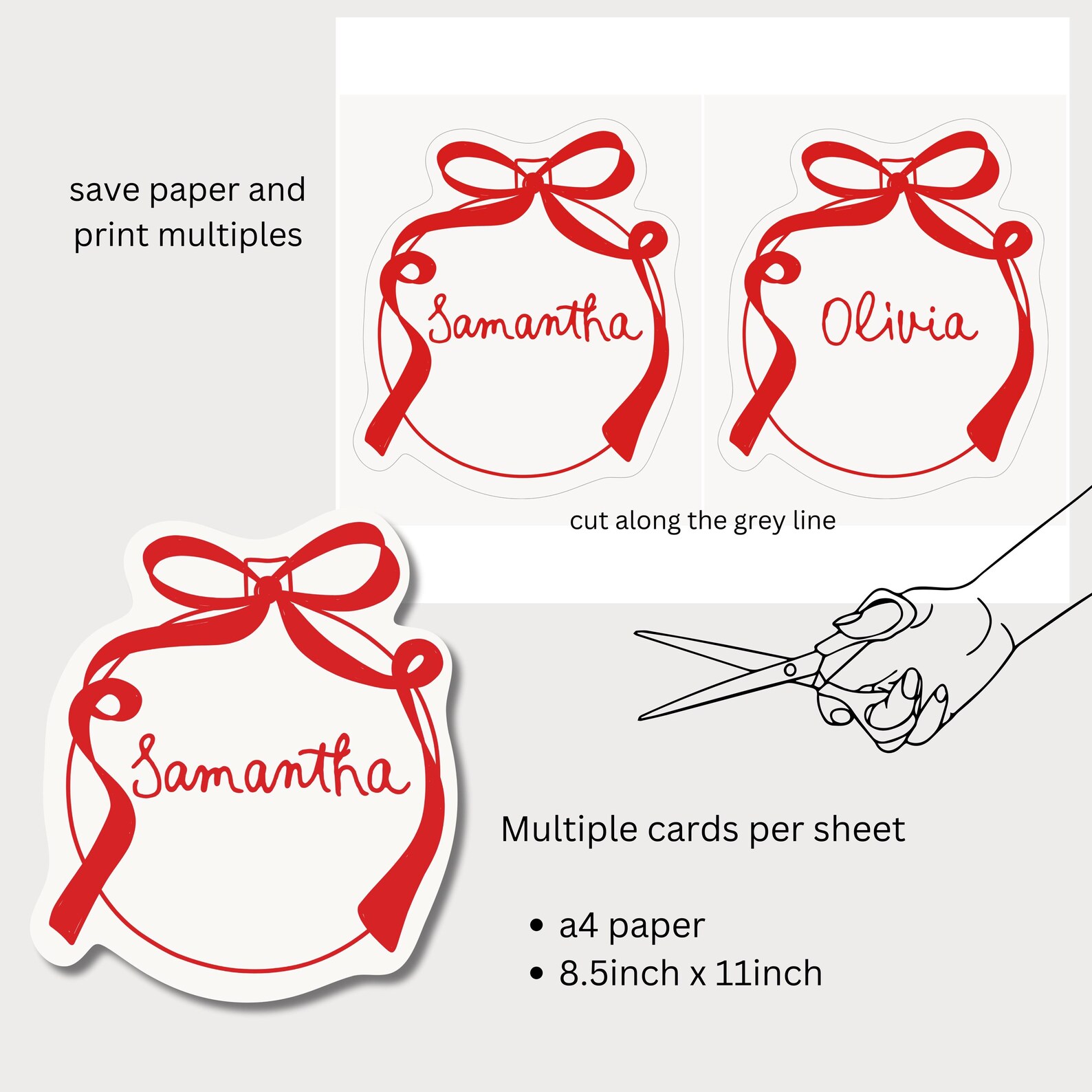 Red Bauble Place Cards and Menu Template, Whimsical Placecard Red Place ...