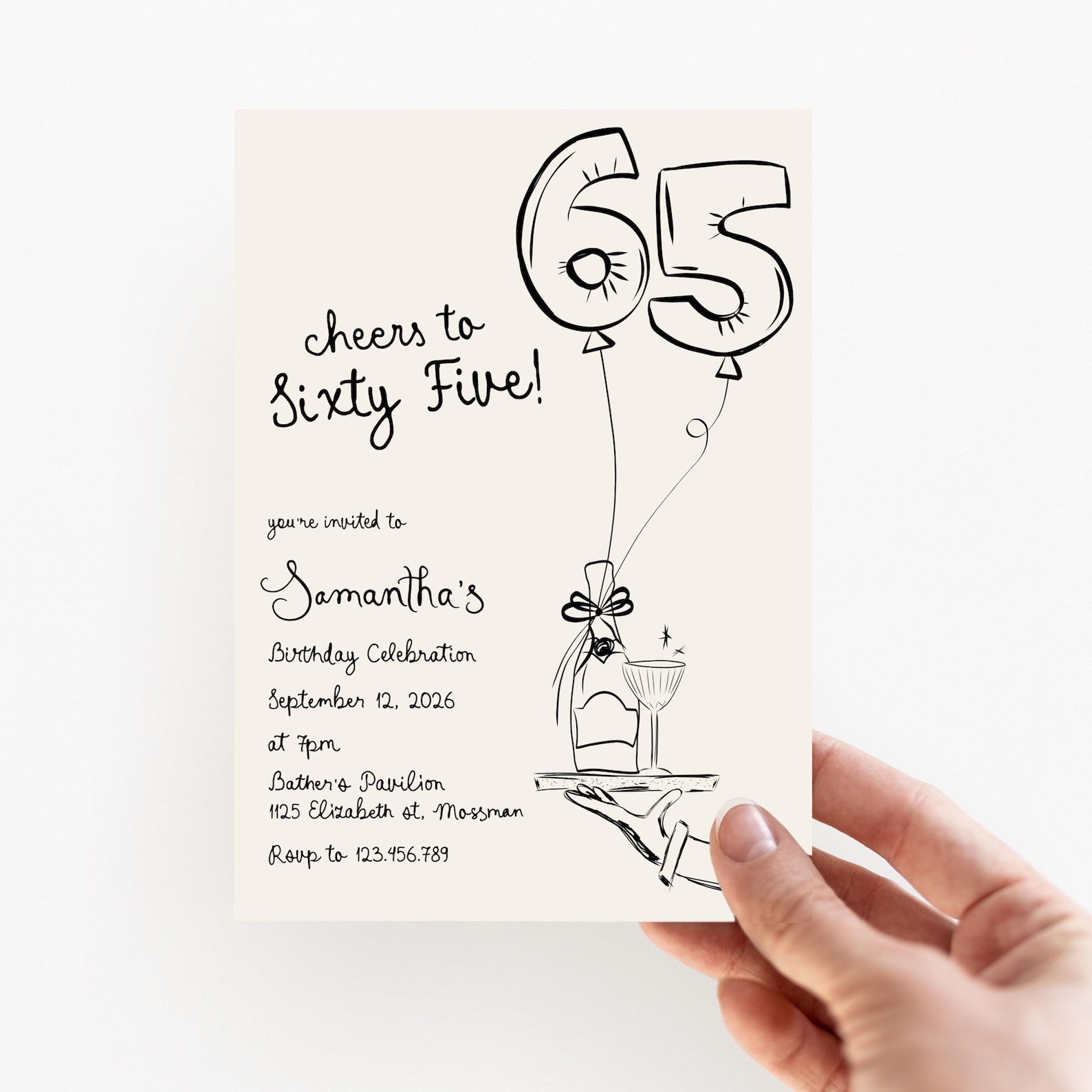 65th Birthday Invitation Template, 65th Birthday Invite, Hand Drawn ...