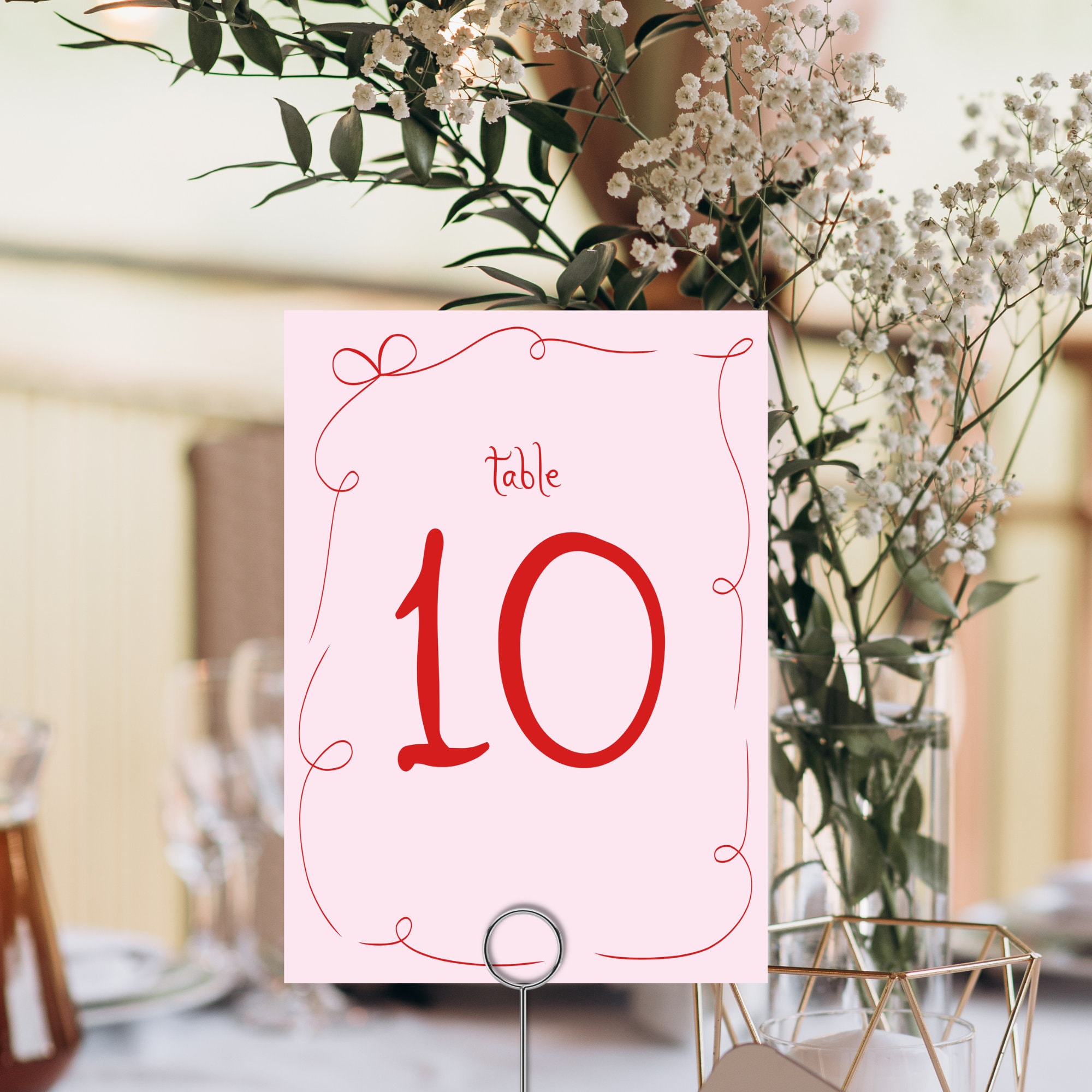 Hand Drawn Table Number Template, Printable Red Table Numbers, Pink ...