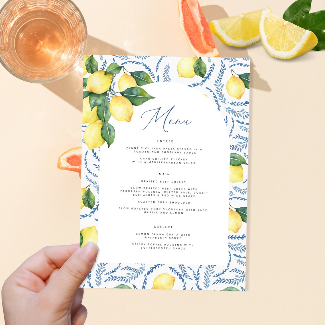 Lemon Wedding Menu Cards, Lemon Floral Menu Template, Bridal Shower ...