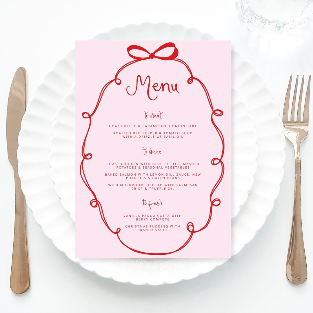 Pink Christmas Menu Template Printable, Hand Drawn Line Art Christmas ...
