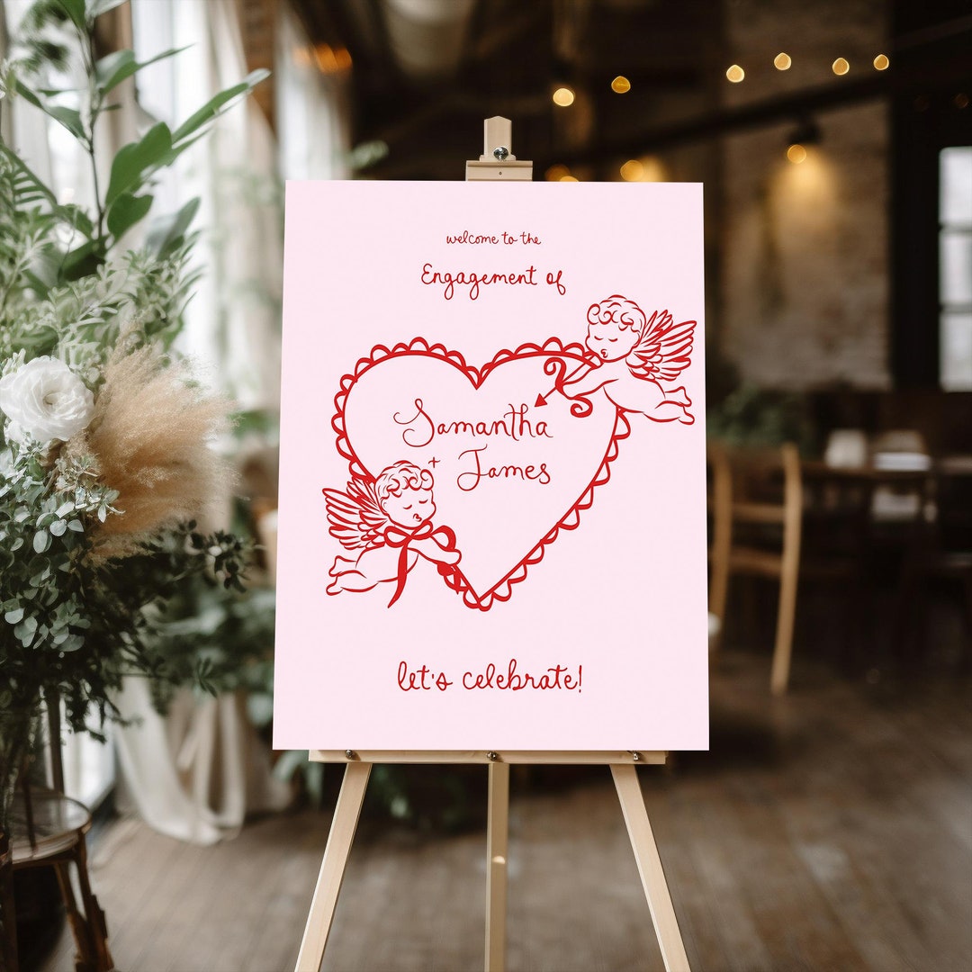 Whimsical Engagement Welcome Sign Template: Cherub Illustration ...