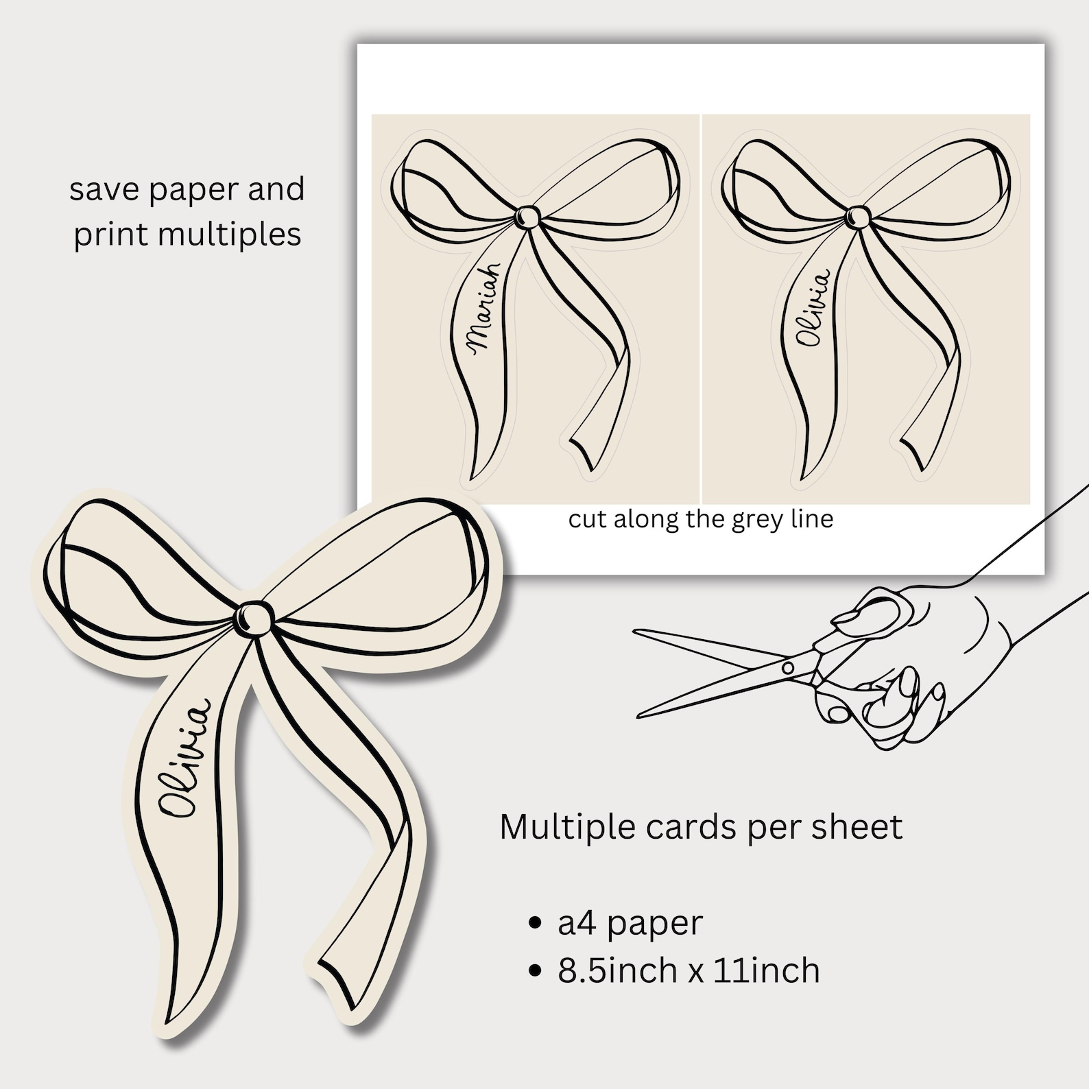 Bow Place Cards Template, Whimsical Placecard, Bow Place Card, Bow ...