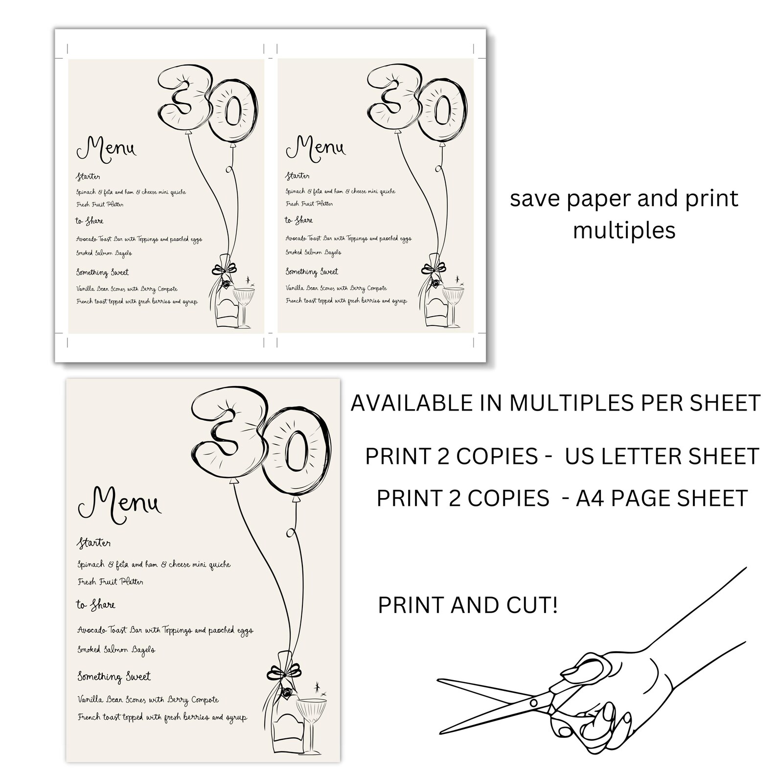 30th Birthday Menu Template Printable, Hand Drawn Dinner Menu for 30th ...