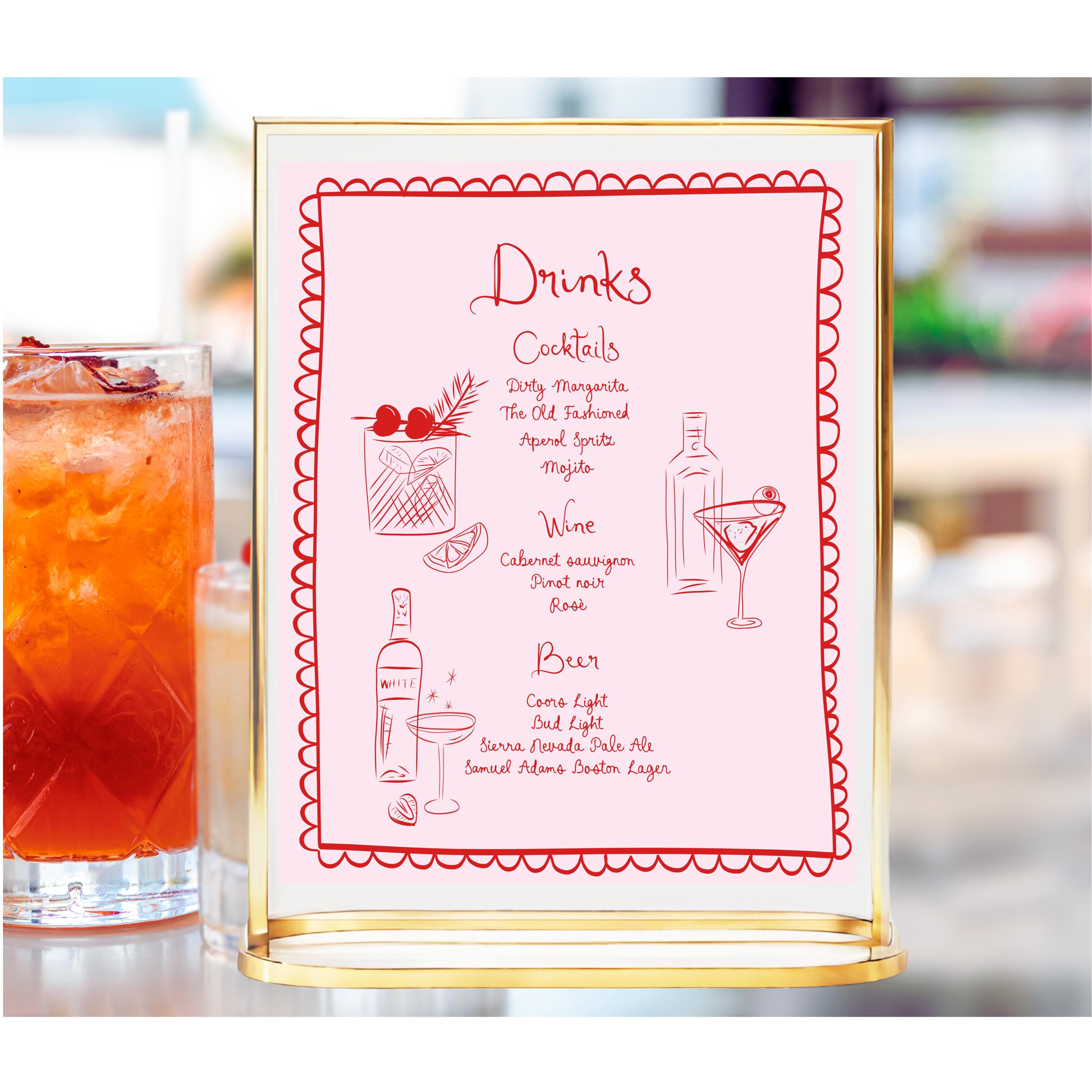 Pink Drink Bar Menu Template Printable, Hand Drawn Line Art Illustrated ...