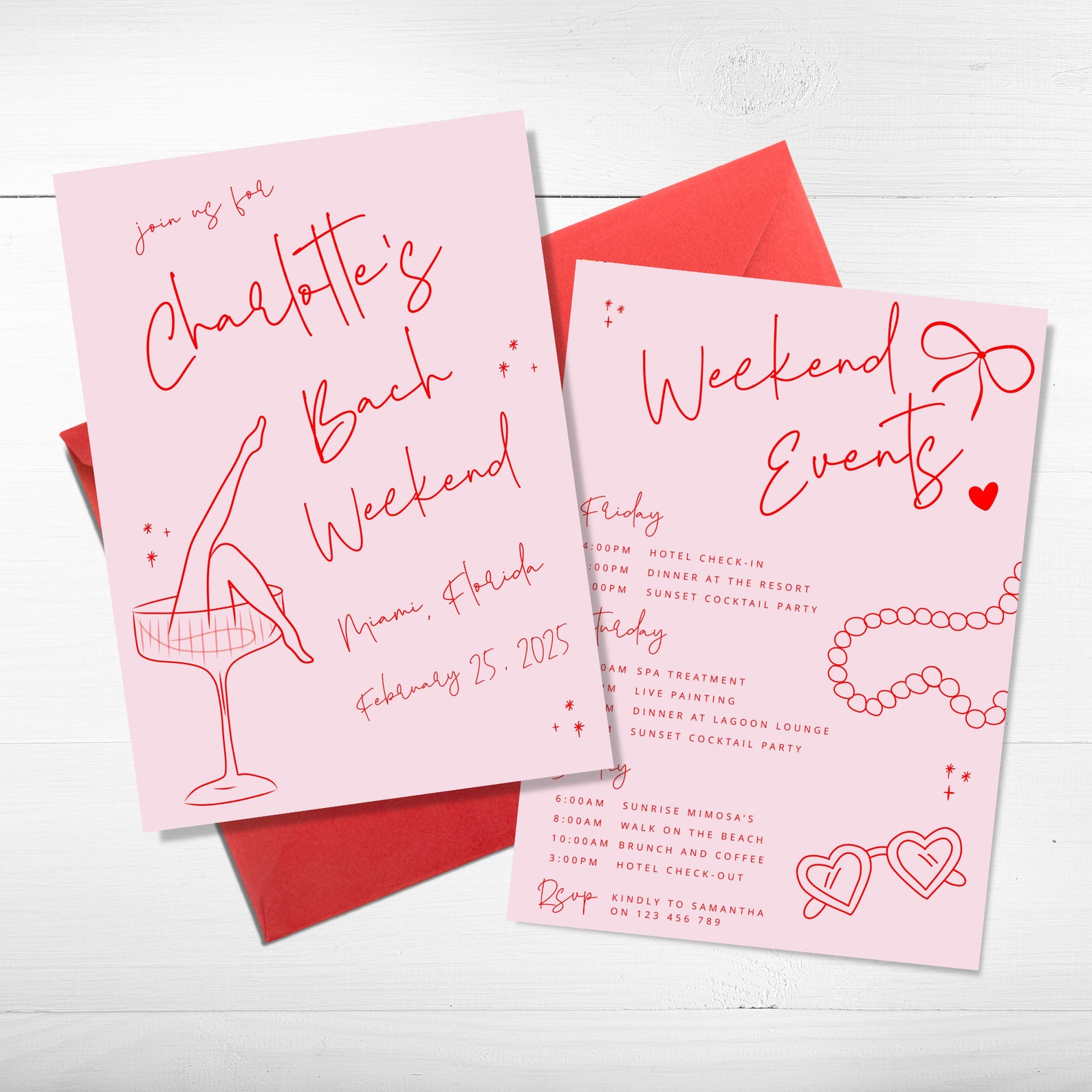 Bachelorette Party Invitation Template and Itinerary Template, Red and ...
