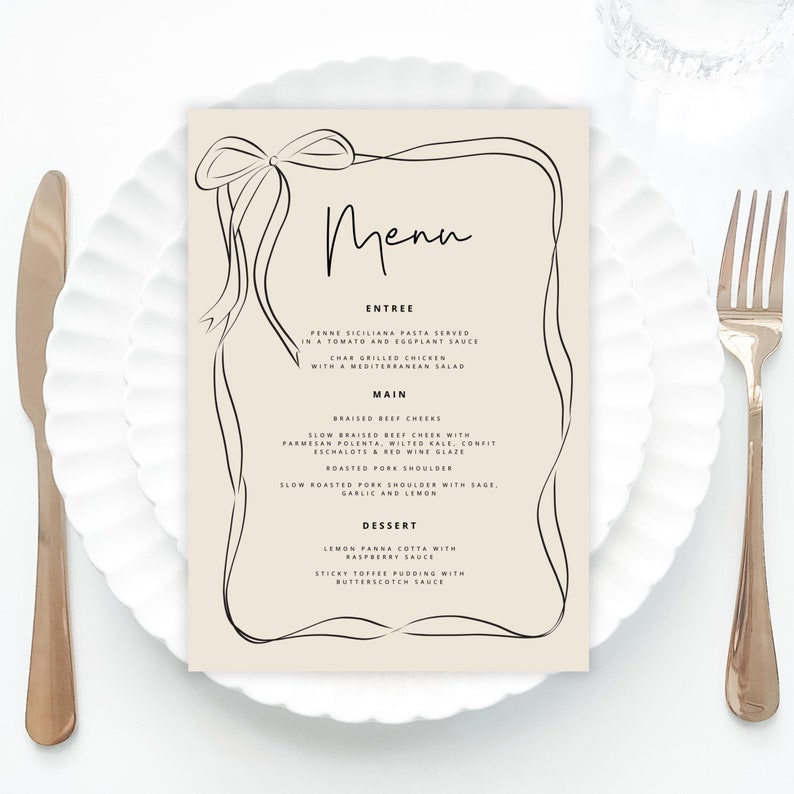 Whimsical Wedding Menu Template Printable, Beige Menu Handwritten ...