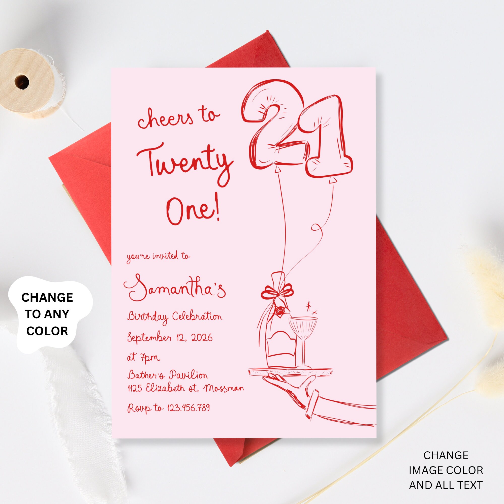 21st Birthday Invitation, Whimsical Twenty One Birthday Invite, Red ...