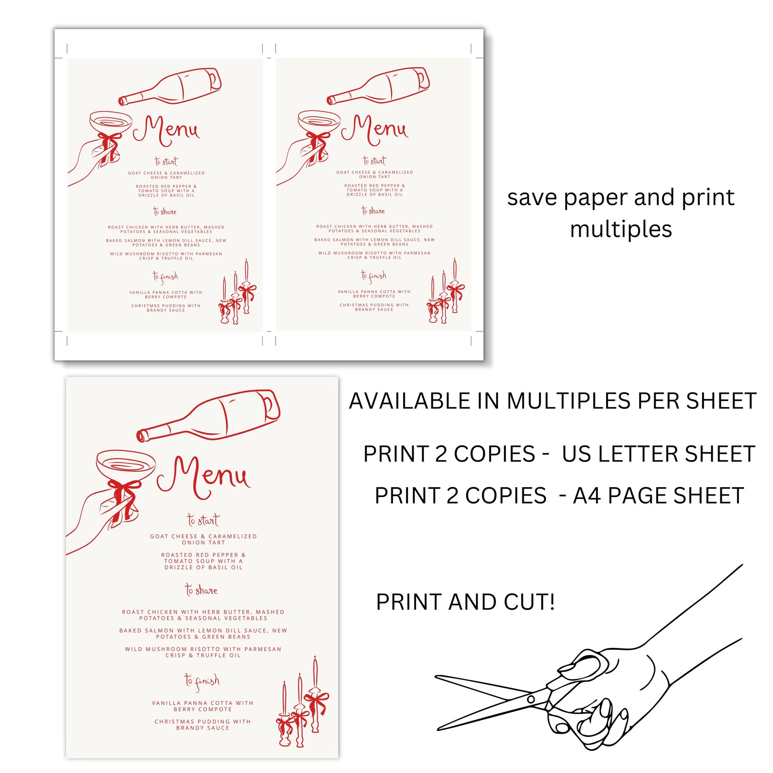 Red Menu Template Printable, Hand Drawn Line Art Christmas Food Menu ...